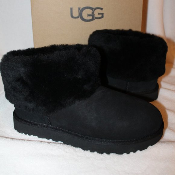 UGG | Shoes | Ugg Mini Suede Fluff Cuff Shearling Boots Black | Poshmark